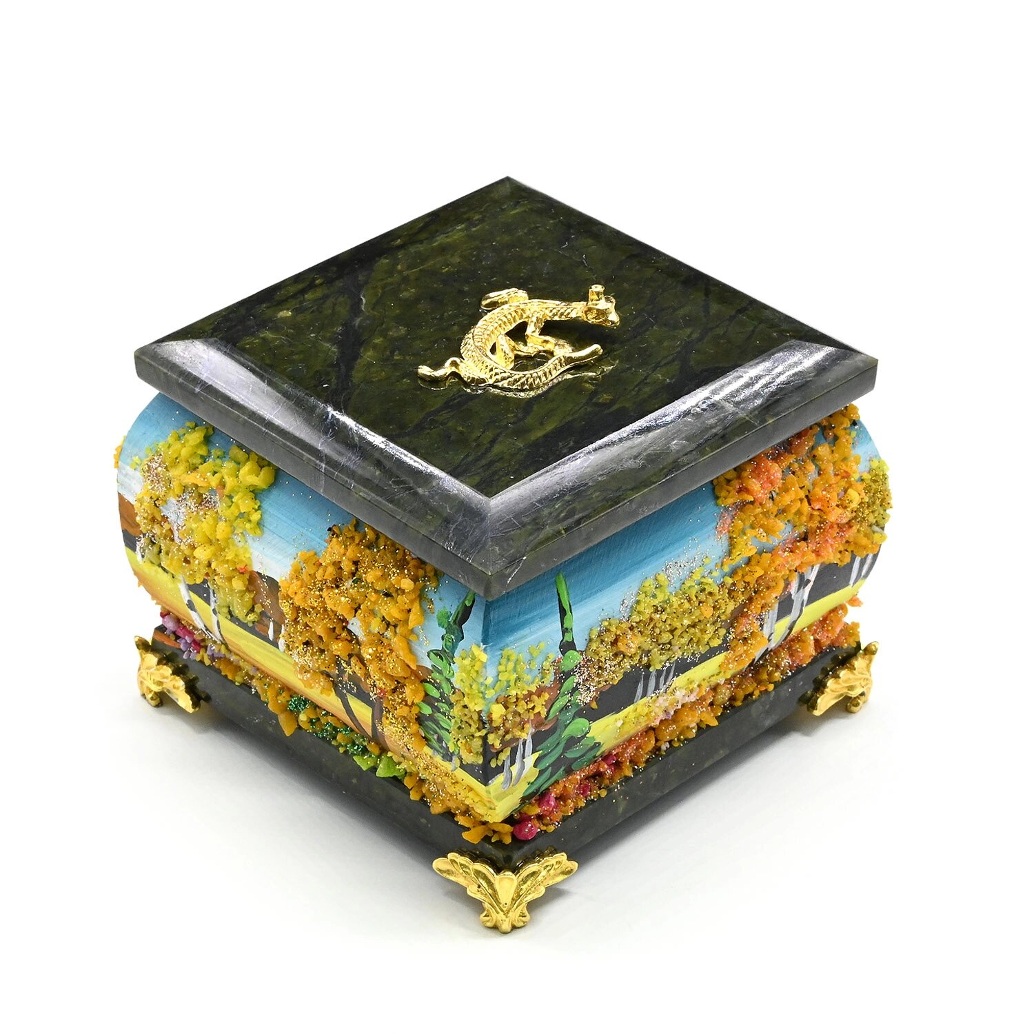 Шкатулка из камня змеевик с рисунком акриловыми красками и каменной крошкой "Осень" 90*90*85мм. .