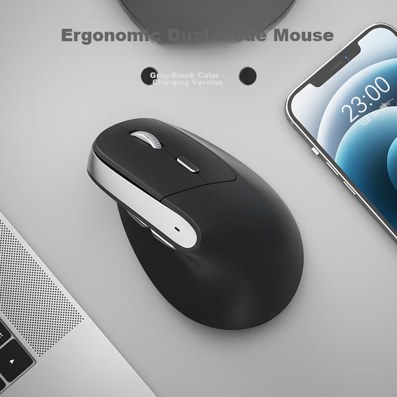 B.O.W Hangshi MD190L Ergonomic Mouse, Vertical Mouse, Rechargeable Wireless Bluetooth Dual-Mode Mouse, Suitable for Both Large And Small Hands, Unisex, Gray And Black