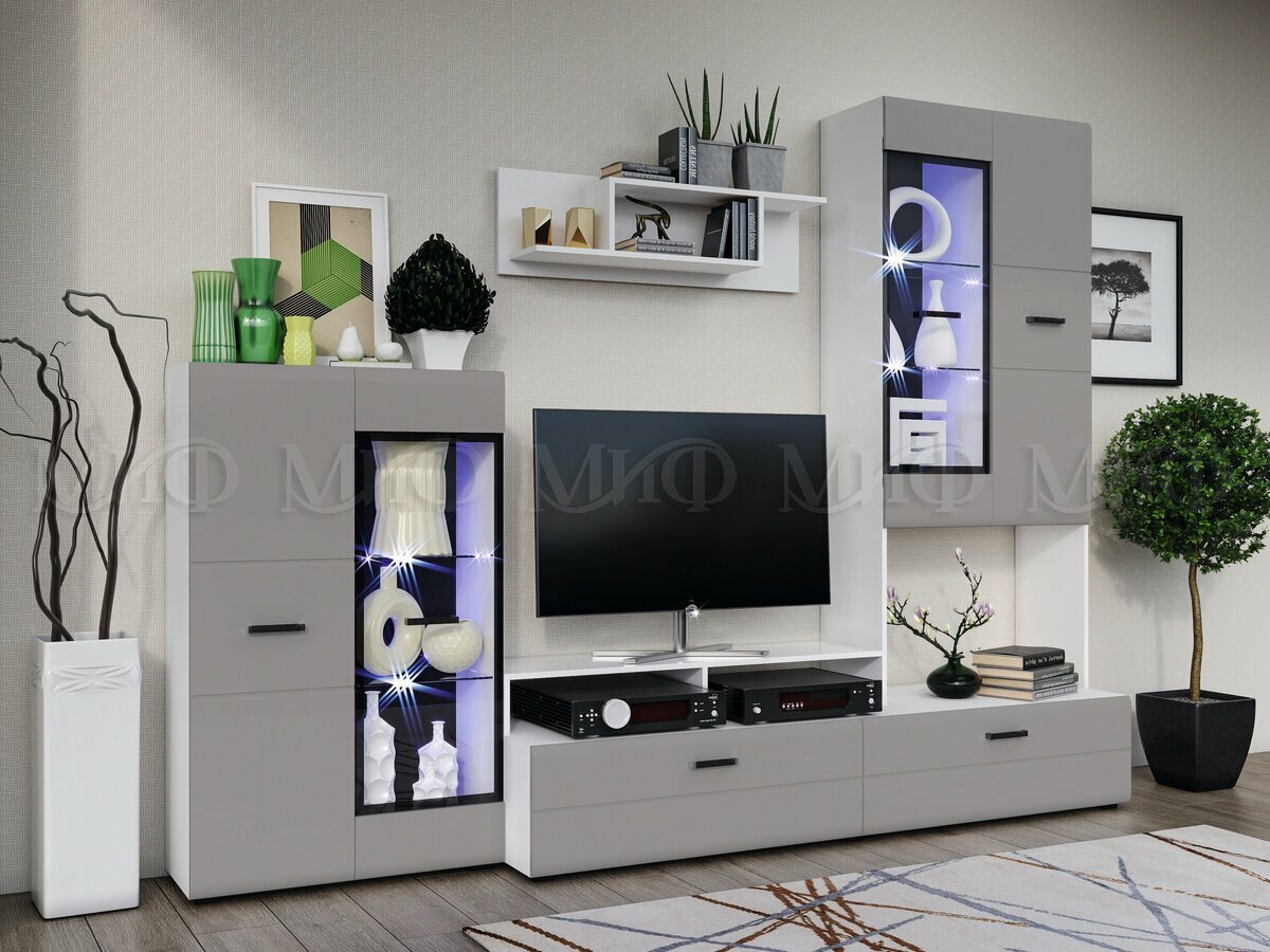 Гостиная мебель Миф Нэнси NEW МДФ Вариант №3 Браш Текстура Грей/ Белый с подсветкой