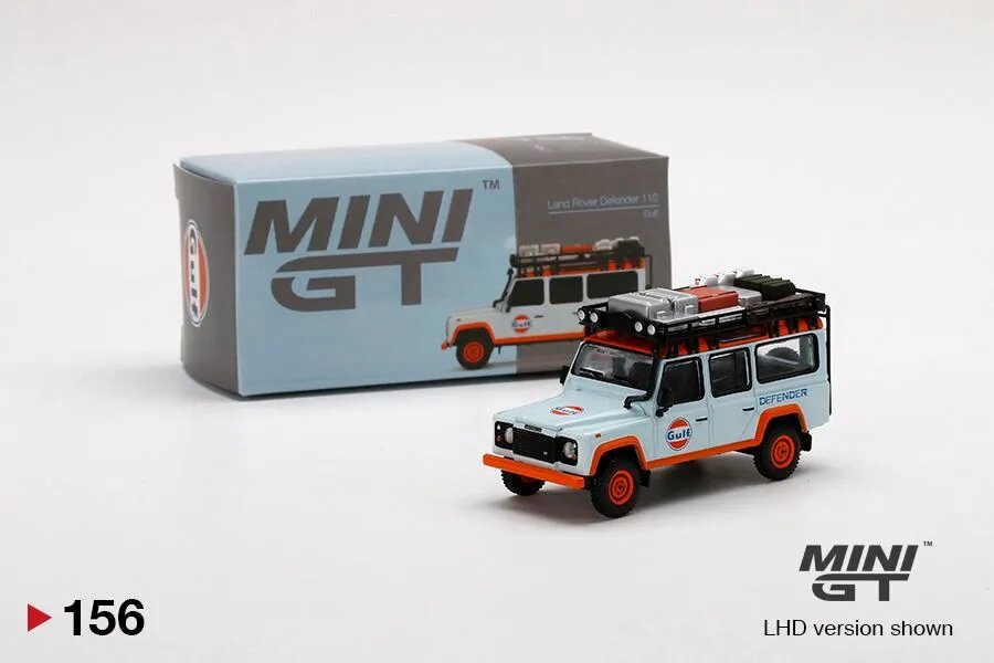 Машинка MINI GT 1/64 #156 Land Rover Defender 110 Gulf Alloy Car Model Collection Gift