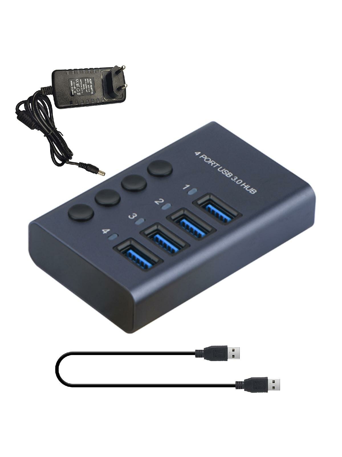 4-Port Hub, 4x USB 3.0 Hub Expander with Switch & 12V3A 36W Power Adapter Supports Charging for Tablet Phone PC Laptop