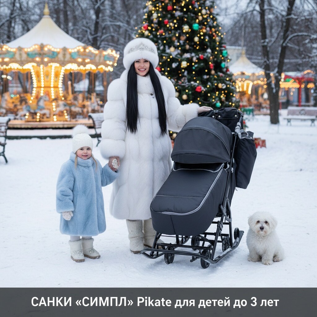 Санки-коляска детские Pikate Simple NEW 2025, выдвижные колеса, серые