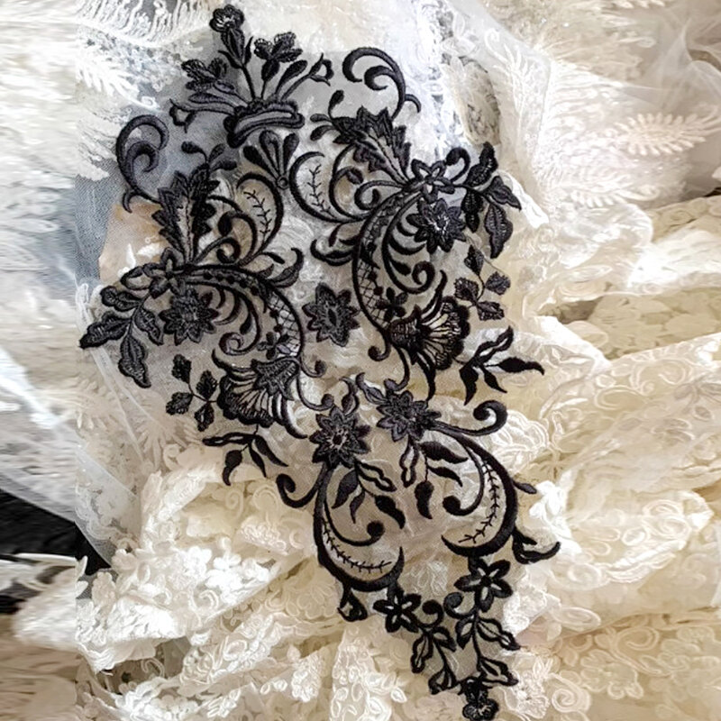 Кружевная вышитая нашивка с цветком для декора одежды и рукоделия, большая аппликация 42х27 см, универсальный декор для платьев, сумок и домашнего текстиля