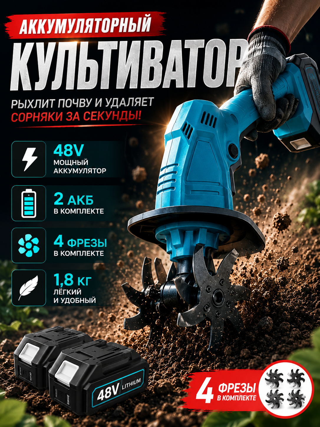 Культиватор аккумуляторный мини для грядок садовый для дачи ручной