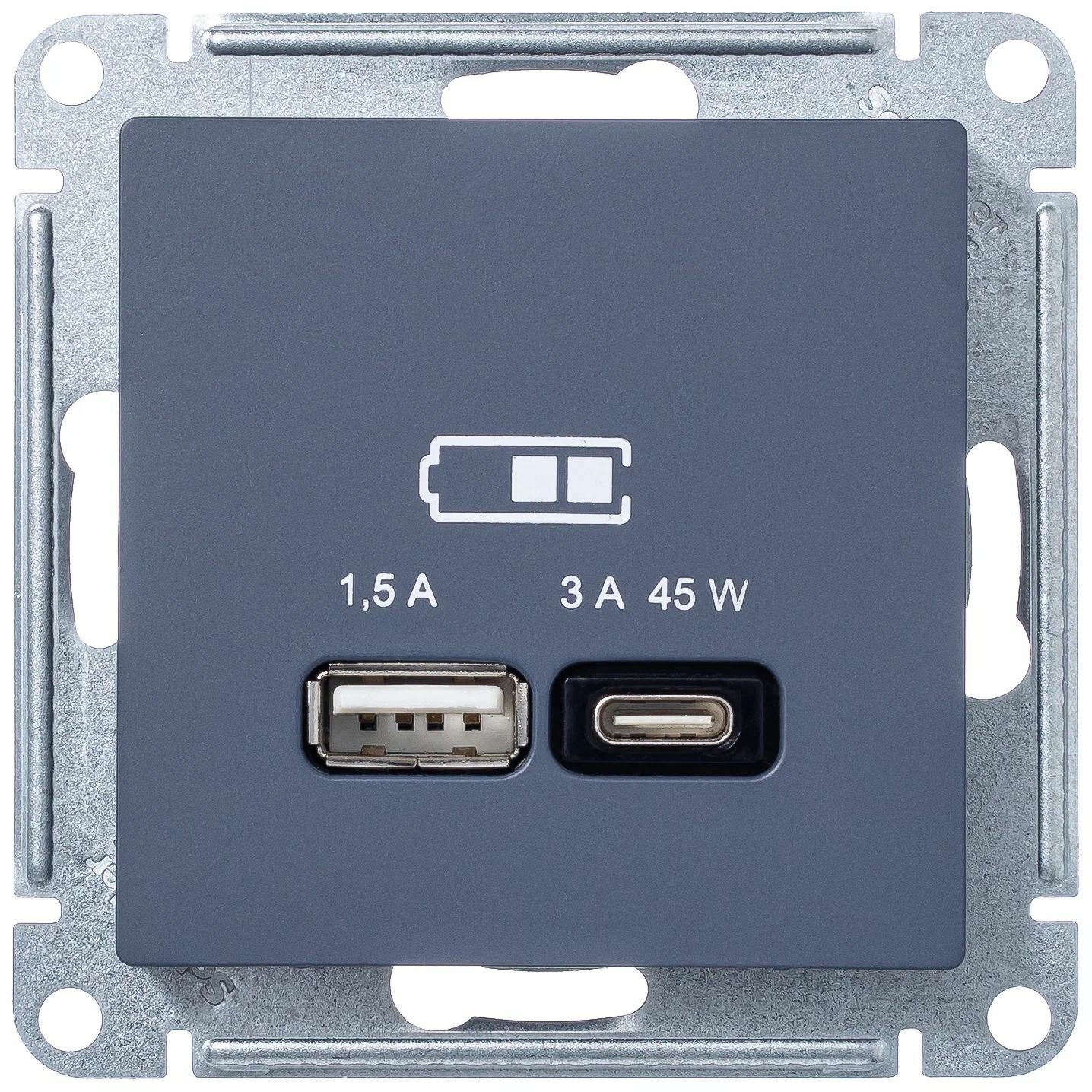 Розетка USB А+type-C 45 Вт AtlasDesign двойная высокоскоростная зарядка QC PD Systeme Electric/Schneider Electric механизм скрытая установка грифель ATN000729