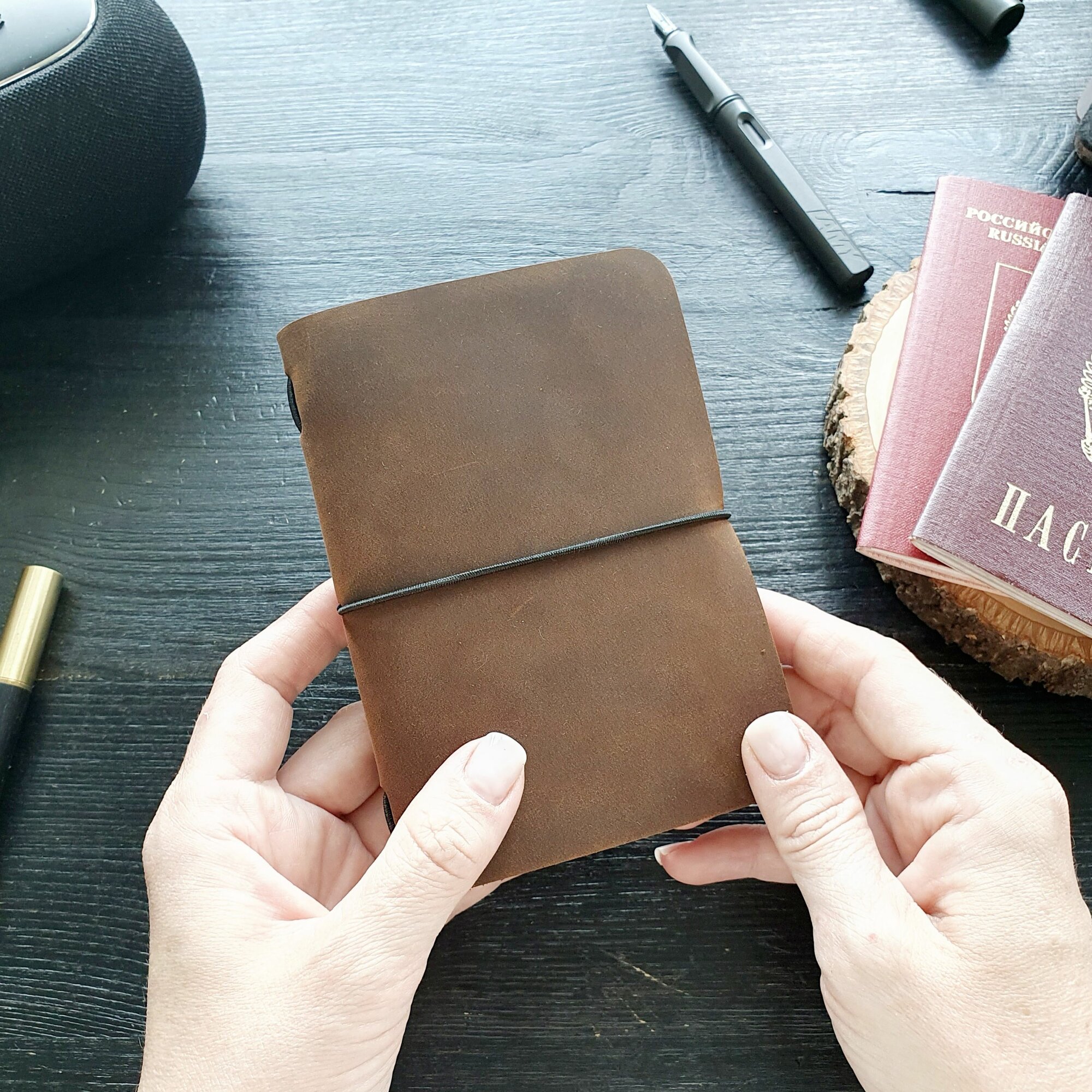 Кожаный блокнот формата Midori Passport (9,5х13,5см) со сменными тетрадями на резинке / обложка для паспорта / записная книжка 90 листов