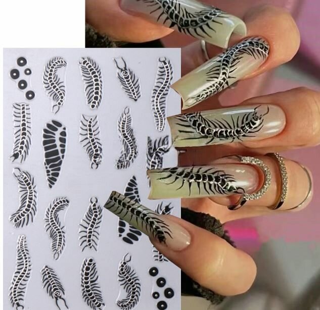 Наклейка для ногтей 3D Сороконожка, Насекомые, Жуки, Ракушки