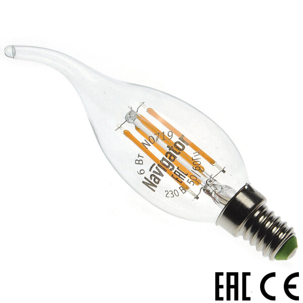 Лампа филаментная светодиодная Navigator 6Вт FILAMENT E14 "свеча на ветру" холодный белый свет Navigator (3 шт. в комплекте)