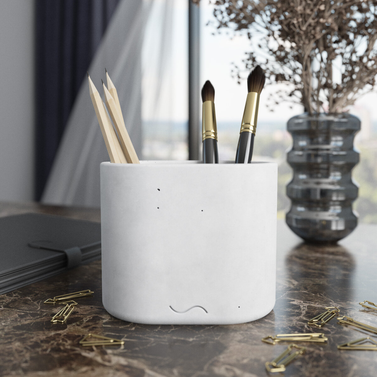 Канцелярский стакан Astrid Duo, органайзер для канцелярии, 12.5х8.5х10 см, бетон, белый матовый