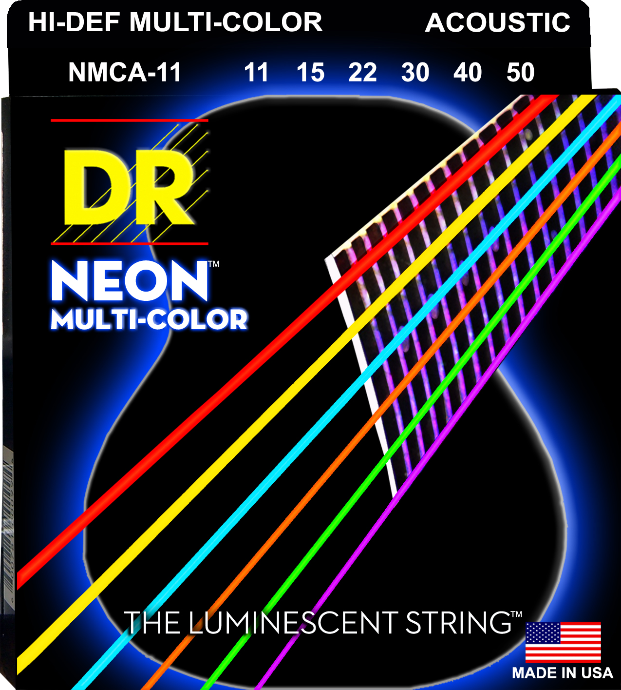 DR NMCA-11 - струны для акустической гитары, Калибр: 11-50, Серия: HI-DEF NEON™, Обмотка: посеребрёная медь, Покрытие: люминесцентное