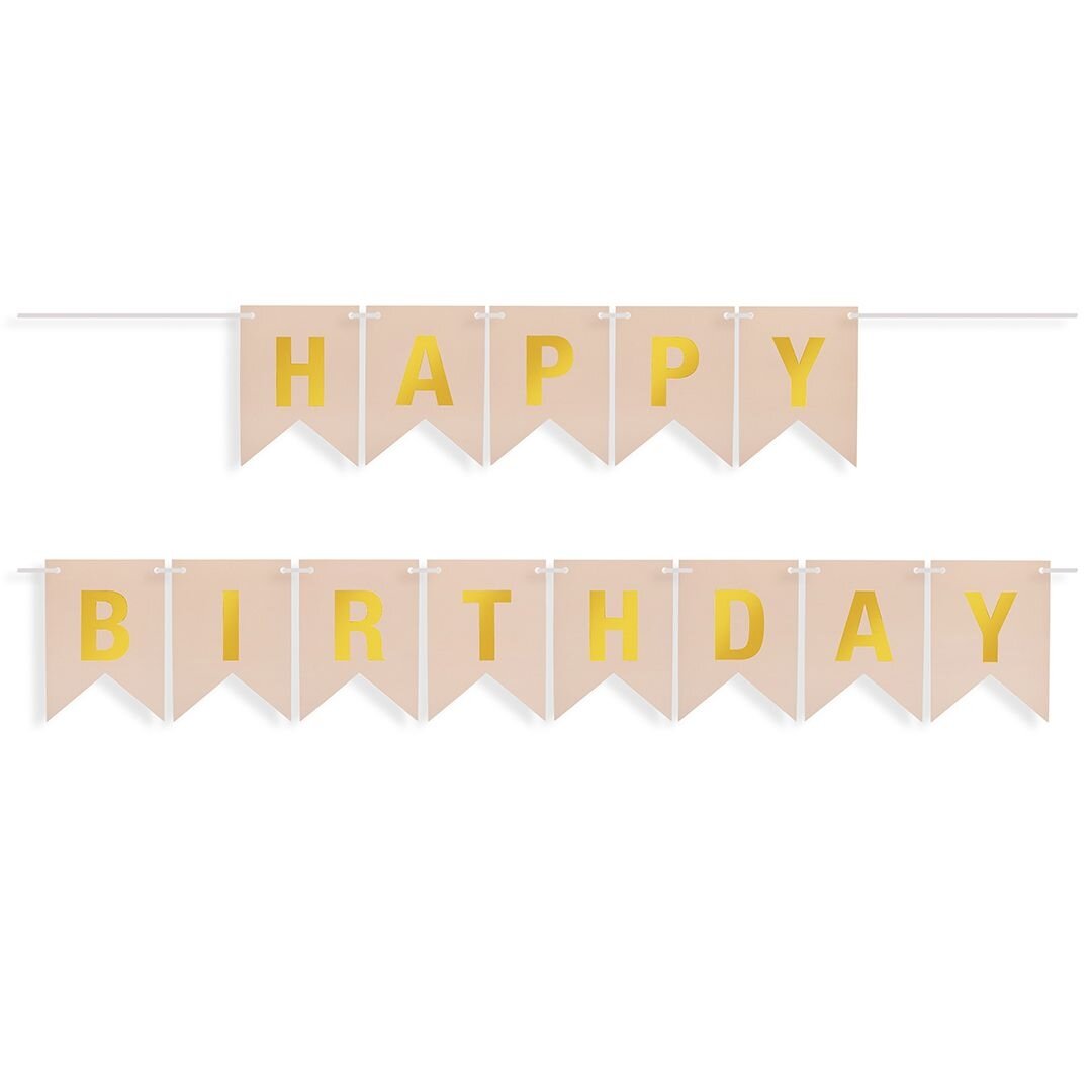 Гирлянда Флажки, Happy Birthday, Бежевый/Золото, Металлик, 500 см, 16*12 см, 1 упак.