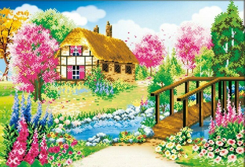 Набор Солнце #F-3075 Домик в деревне, Алмазная Мозаика, 77.5 х 54 см