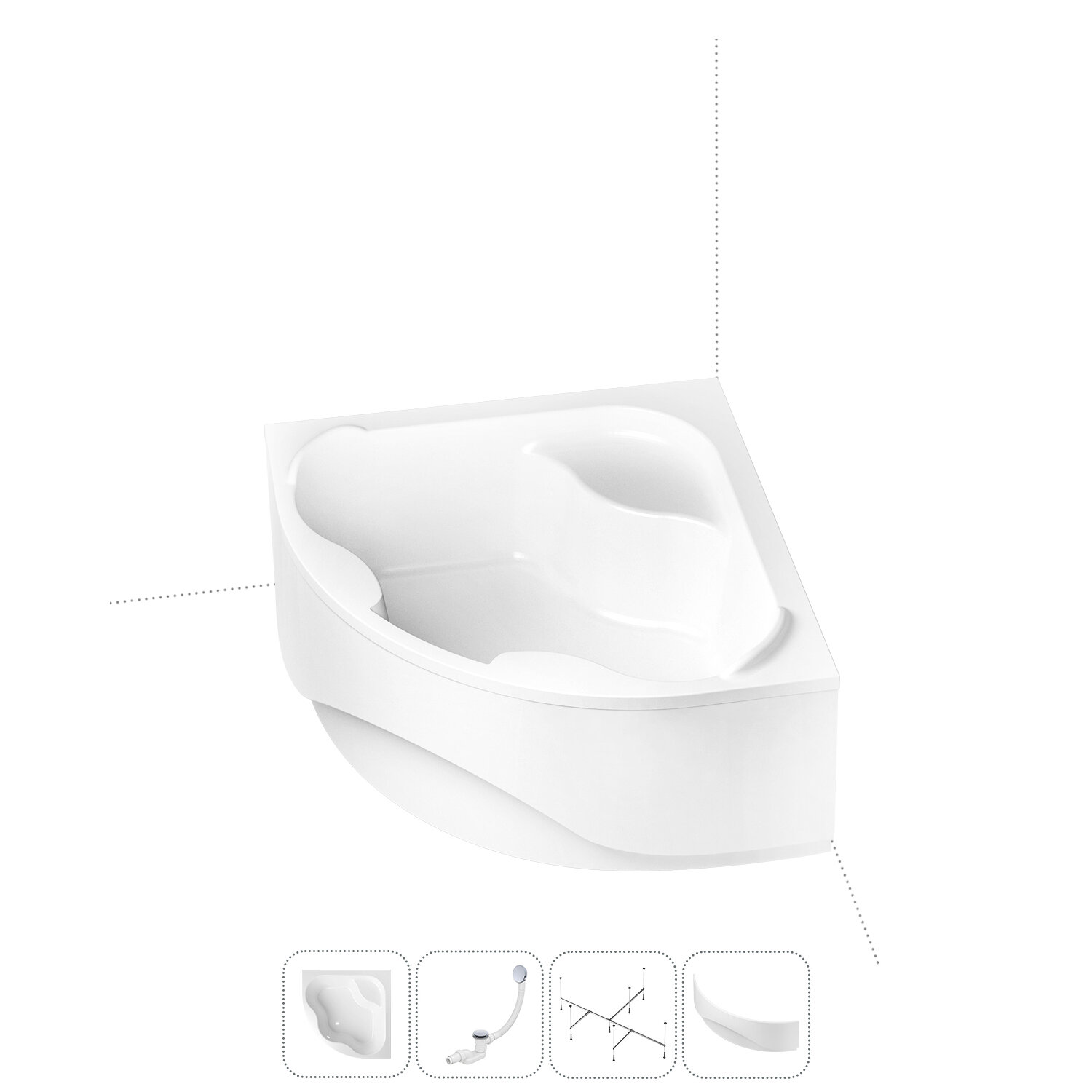 Угловая ванна акриловая 140 x 140 с каркасом и экраном Lavinia Boho Aveo 202011135 в наборе 4 в 1: акриловая ванна, слив-перелив, каркас, экран