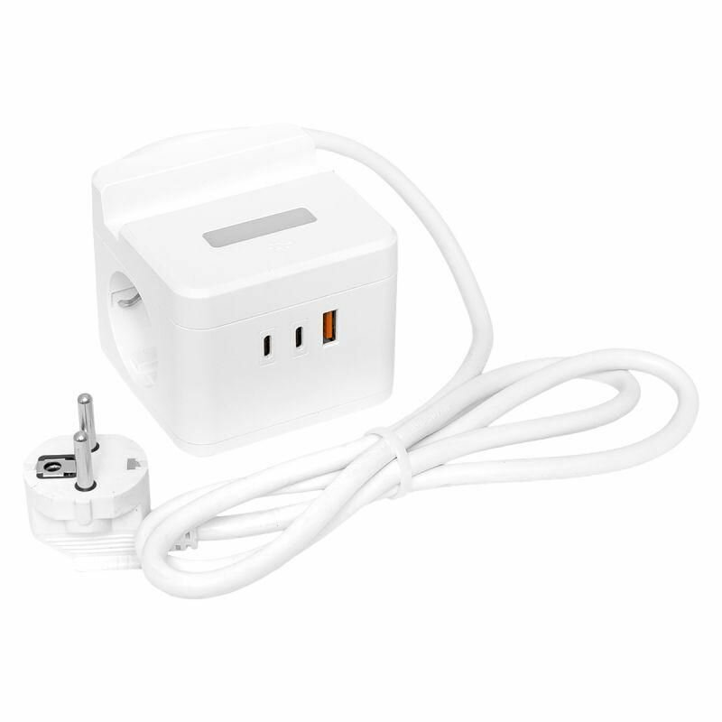 Удлинитель "Куб" 2х1.3м USB + 2Type C с быстрой зарядкой подставкой под телефон и ночником 1кв. мм EKF UBA-CUB-2-FC