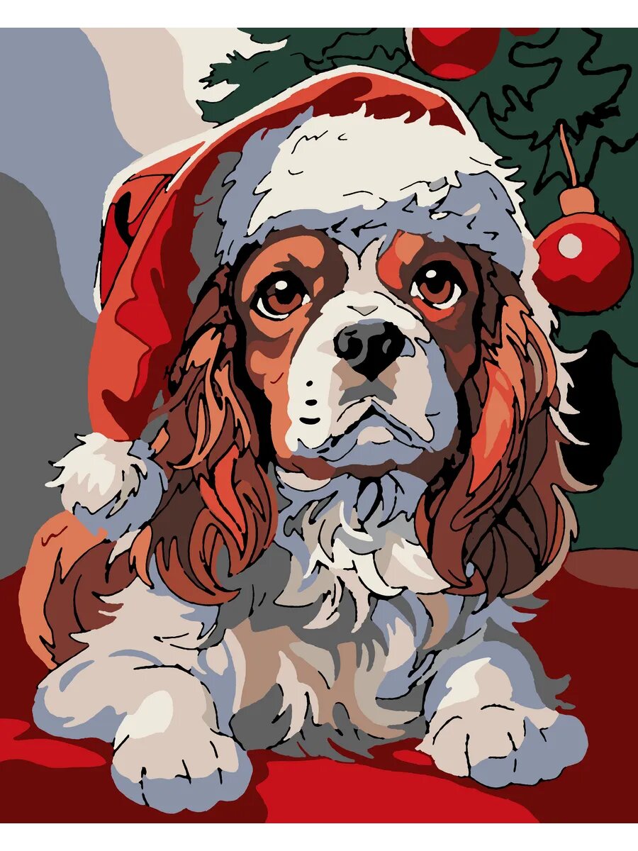 Картина Тут рисуют "Спаниель и ёлка", 40x50см, холст, подрамник, 24 цвета