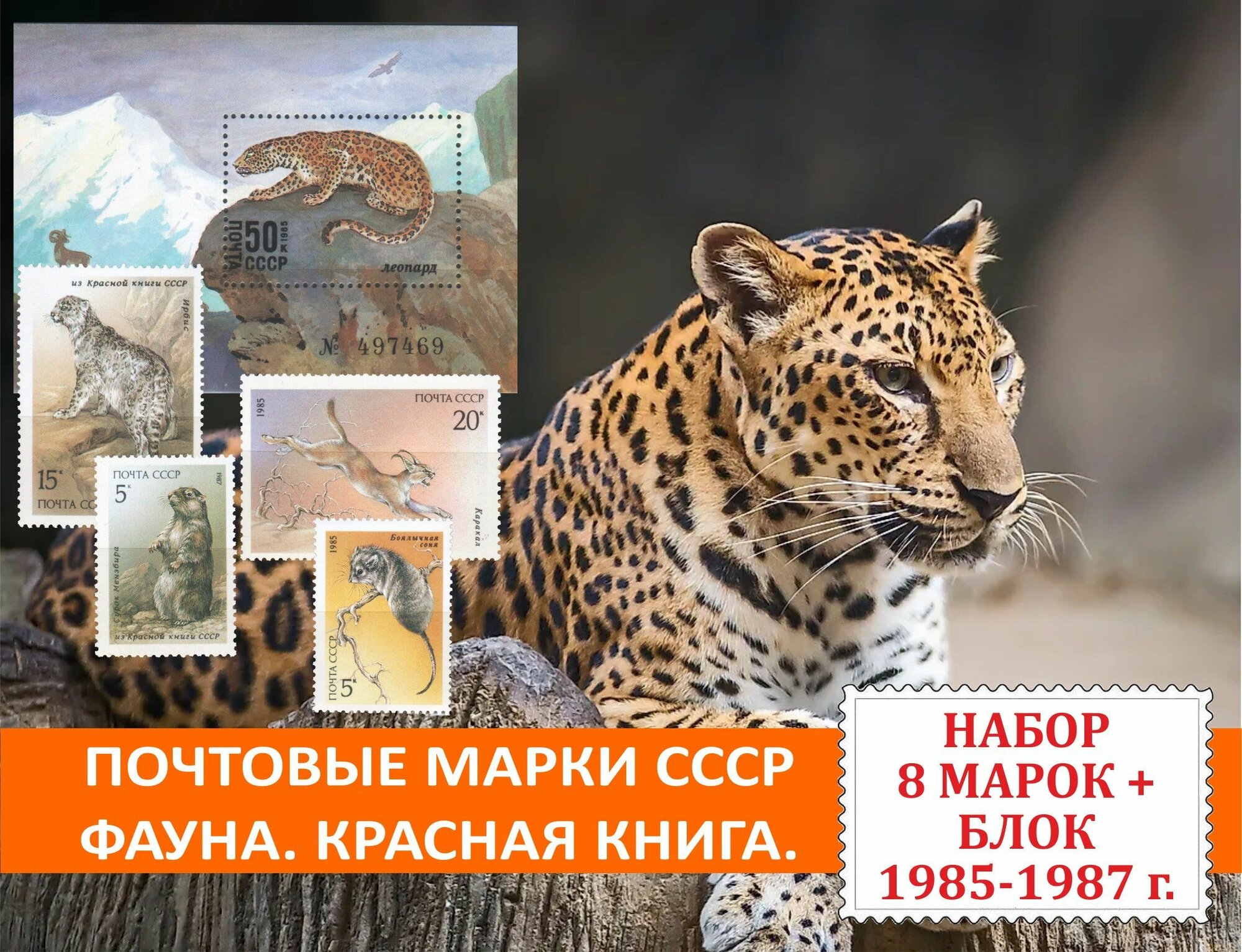 Почтовые марки СССР Фауна. Красная книга. Набор 8 марок + 1 блок 1985-1987 годов выпуска.