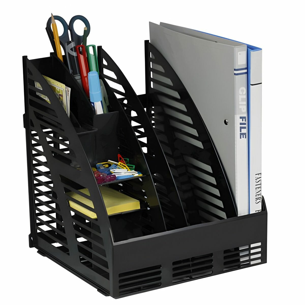 Лоток для бумаг вертикальный, 240мм, 3 отделения + органайзер, черный (4С143), 4шт.