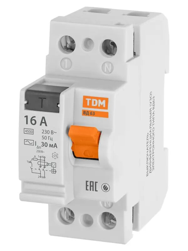 УЗО TDM Electric ВД-63 2Р 16 А 30 мА 4.5 кА AC