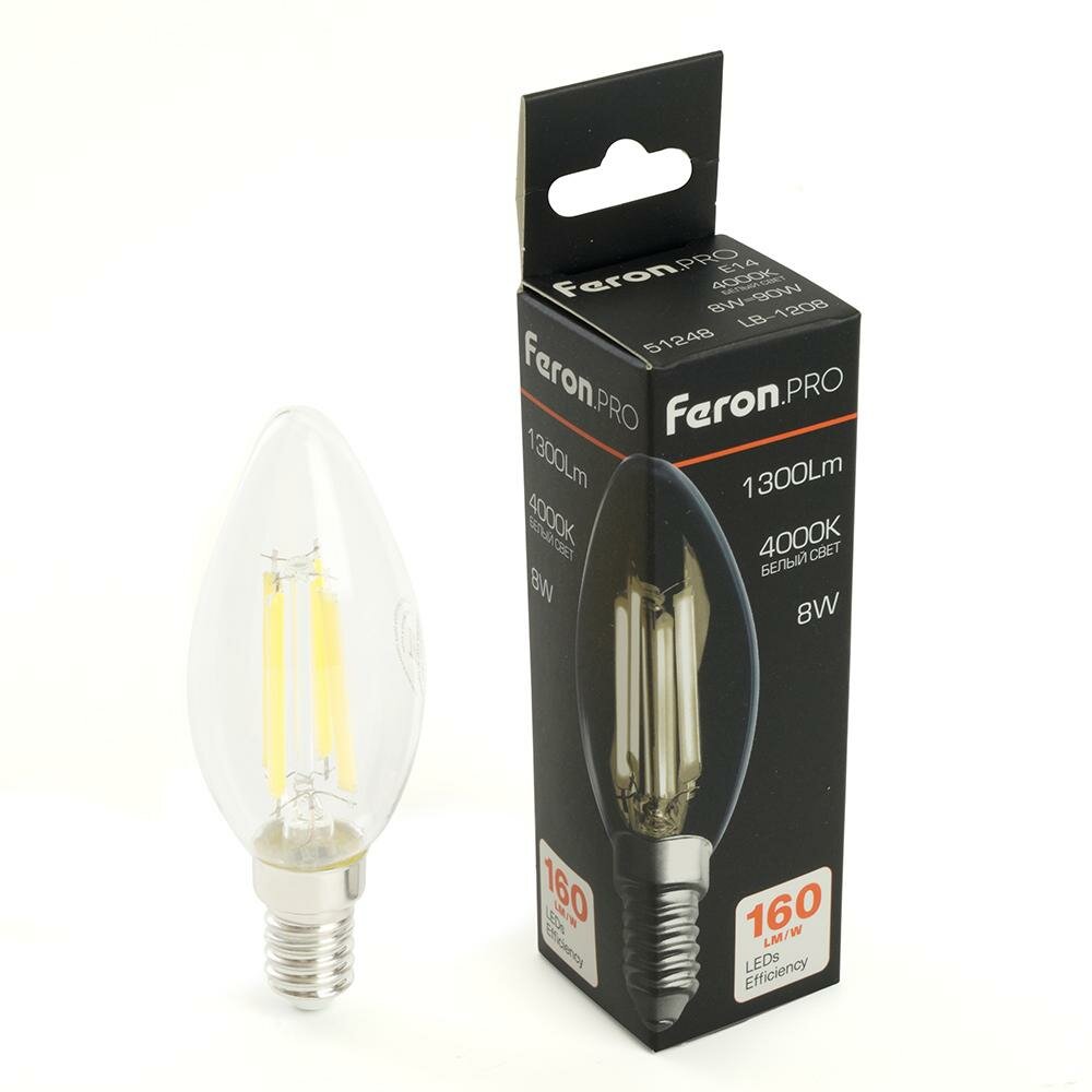 Лампа светодиодная Feron.PRO LB-1208 Свеча E14 1300LM 8W 175-265V 4000K 51248, цвет /, материал Стекло/