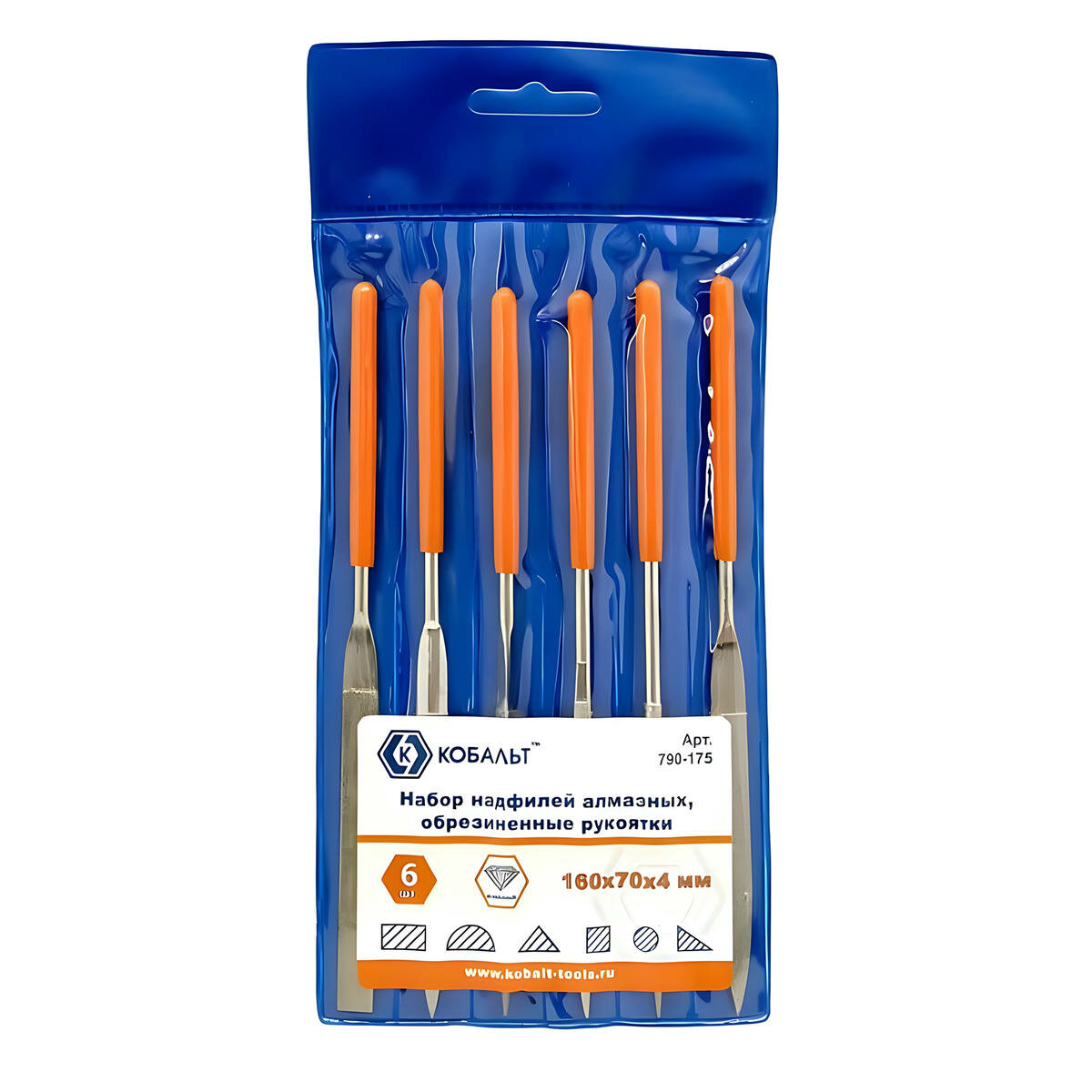 Набор надфилей алмазных 160 мм (6 шт, обрезиненные ручки) кобальт 790-175