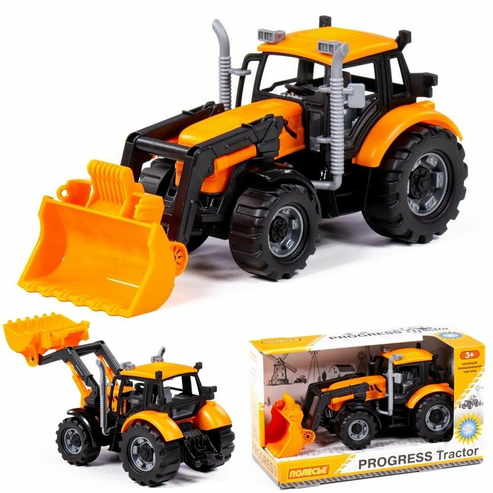 Трактор-погрузчик Полесье Прогресс, оранжевый, в коробке инерционный (91802)
