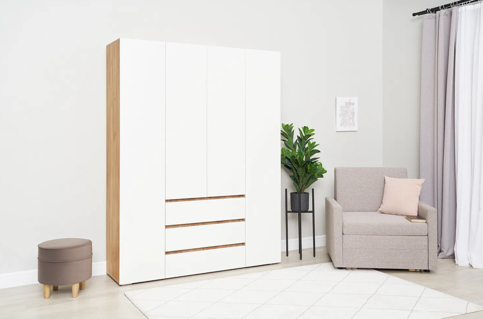 Шкаф Хелен ШК-05 четырехстворчатый с ящиками, 160×208×46 см, белый / дуб крафт золото