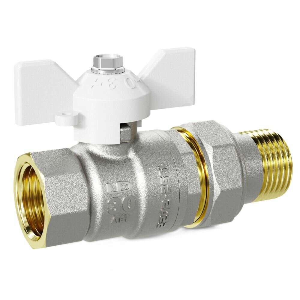 Кран шаровой латунь никель Pride Ду 15 Ру40 ВР/"американка" бабочка белая аналог 11б27п1 LD 47.15. В-ГШ. Б (white)