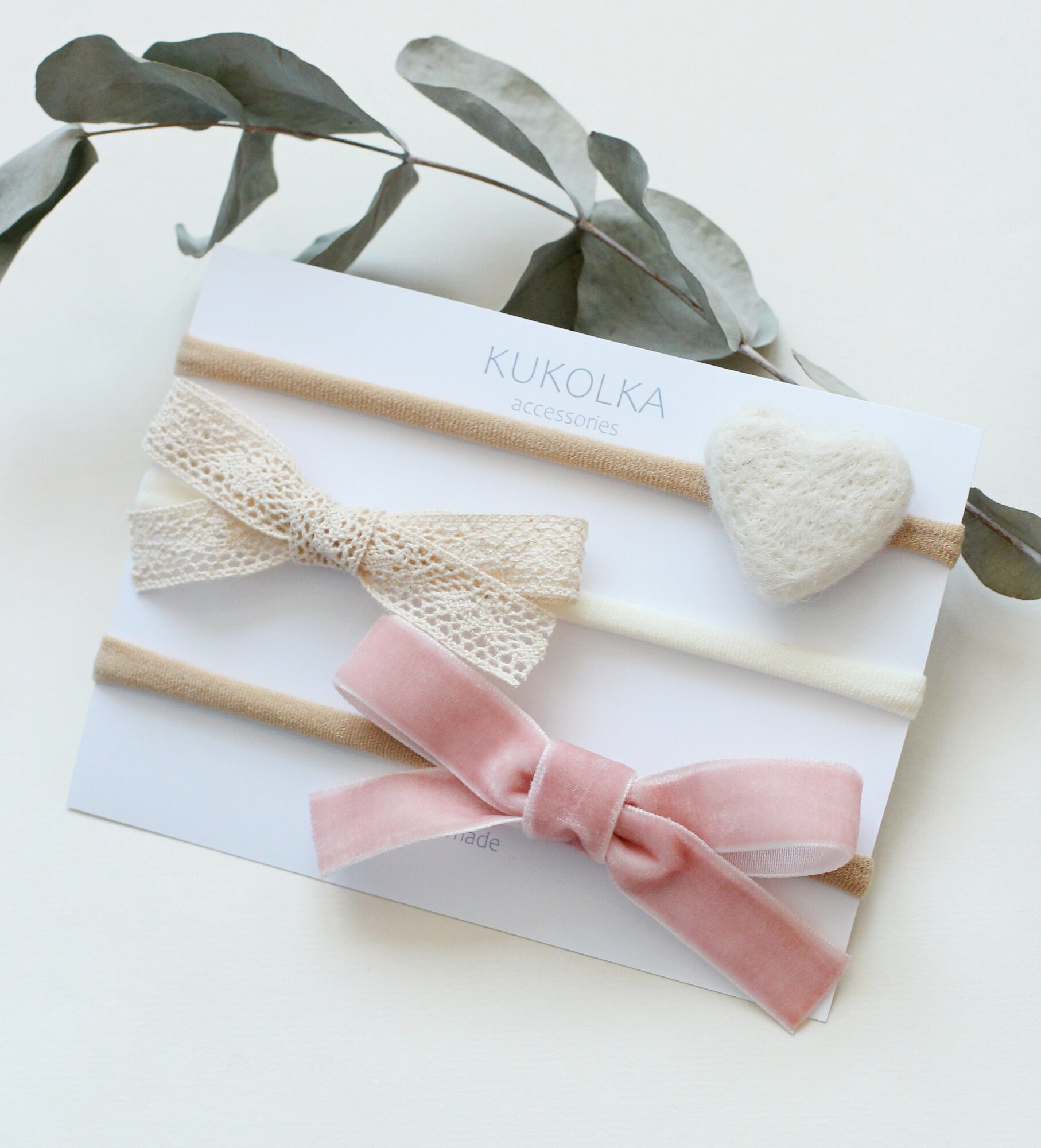 Повязка на голову детская для малышей, для новорожденных, бант повязка для малышей, повязки для малышей, набор аксессуаров для малышей, ручная работа, "KUKOLKA accessories", розовый, бежевый, 3 шт.