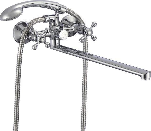 Смеситель с длинным изливом для ванны Milardo Duplex DUPSBL2M10 с душевым гарнитуром, поворотный, латунный, хром, глянцевый, смеситель для ванны с душем, вентильный