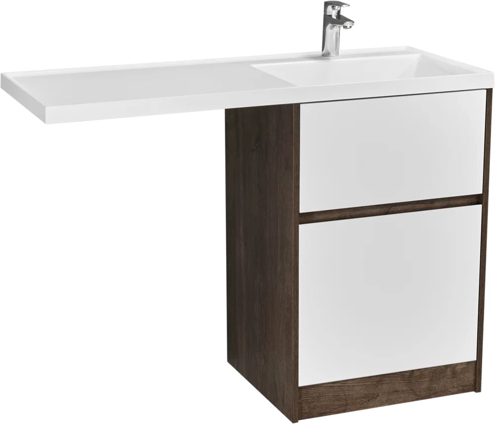 Тумба с раковиной AQUATON Лондри подвесная, под стиральную машину, напольная, 120 см, белая, темное дерево, глянцевая, из ЛДСП, с ящиками, раковина для ванной из искусственного мрамора, прямоугольная