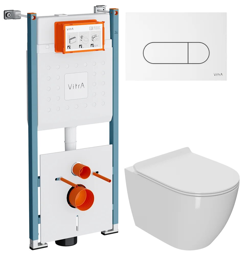 Комплект 3 в 1 Унитаз подвесной Bauedge Bau Ceramics / Инсталляция VitrA V-Fix Core 732-5800-01PV / Кнопка Root Round 740-2200 цвет глянцевый белый