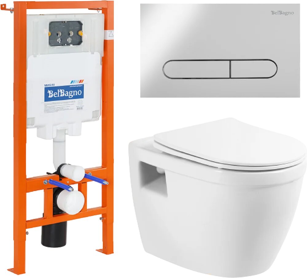 Комплект Унитаз подвесной BelBagno Loto BB070CHR/SC безободковый, с микролифтом, инсталляция BB002-80 с кнопкой BB005-PR-CHROME