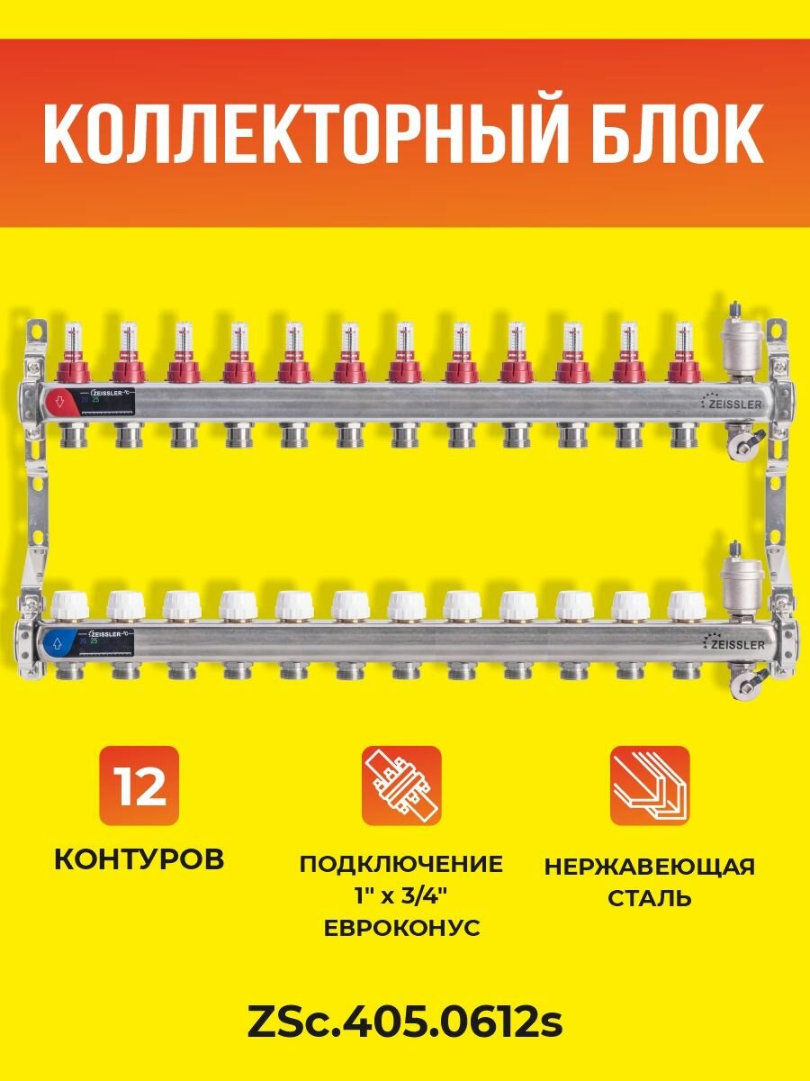 Коллекторный блок ZEISSLER на 12 выходов из нержавеющей стали с расходомерами, термостатическими клапанами, дренажными клапанами и авто-воздухоотводчиками 1*3/4 ЕК