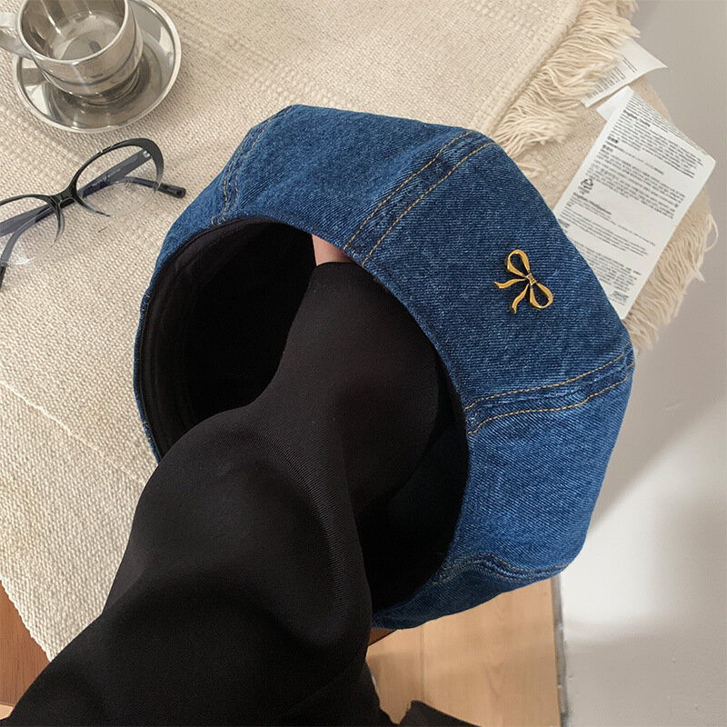 Голубой джинсовый берет с бантом для женщин на весну и осень, универсальная шляпа в корейском стиле, модная восьмиугольная шляпа с облаком бутона