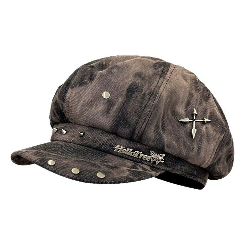 Шляпа художника в стиле ретро с заклепками и нишей, показывающая лицо, маленький субкультурный берет тай-дай, милый крутой берет Y2K