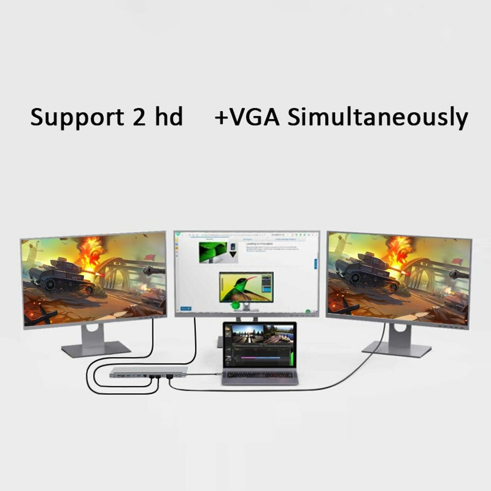 Универсальный USB-C хаб с двумя HDMI, VGA, сетевым портом и слотами для карт SD/TF