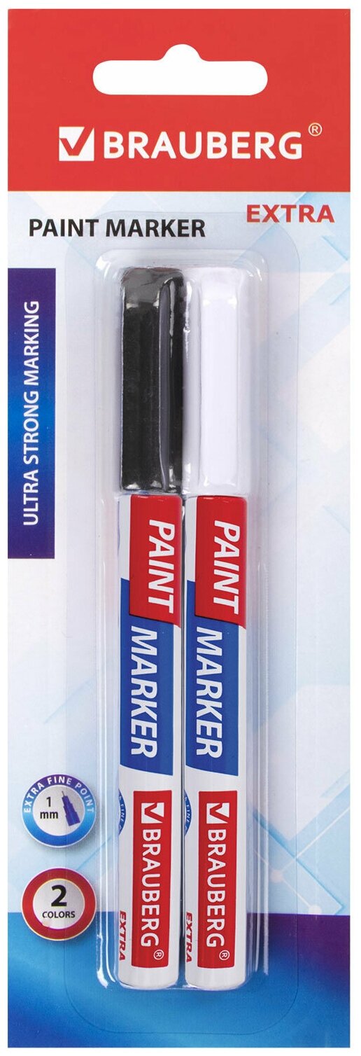 Маркер-краска лаковый EXTRA (paint marker) 1 мм, набор 2 цвета, белый/черный, усиленная нитро-основа, BRAUBERG, 151990