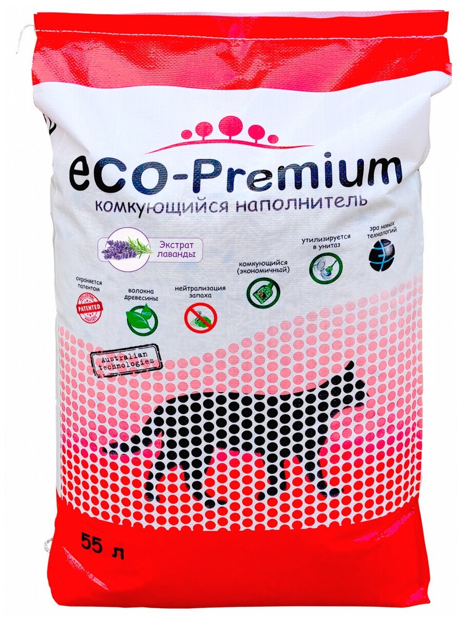 ECO-PREMIUM лаванда наполнитель древесный комкующийся для туалета кошек с ароматом лаванды (1,9 + 1,9 кг)