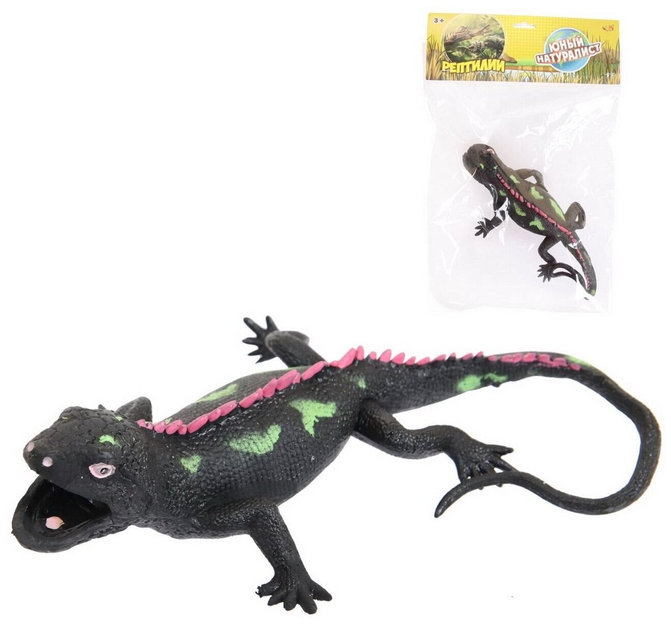 Фигурка Abtoys Ящерица (черная, с зелеными пятнами и шипами на спине резина термопласт. PT-01723
