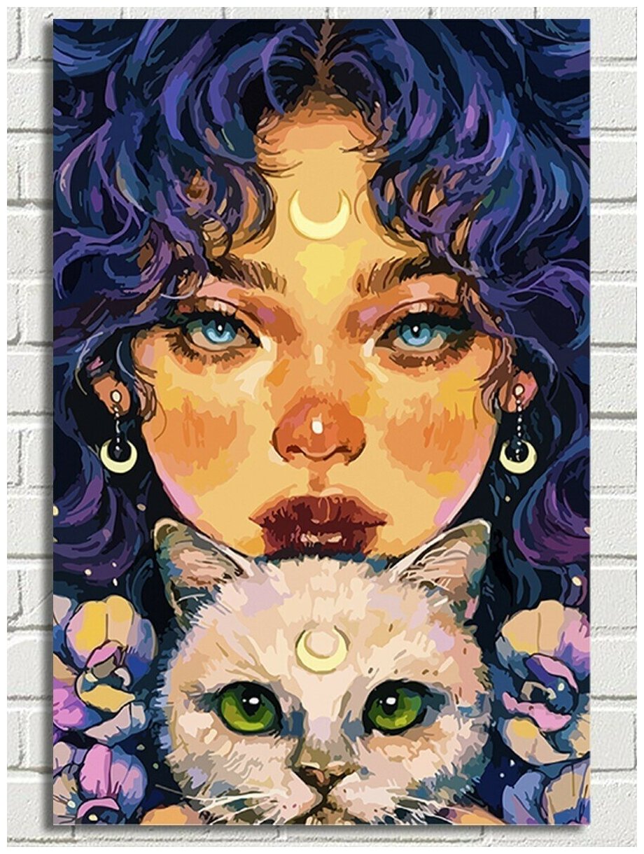 Картина по номерам Девушка с кошкой (луна) - 8487 В 60x40