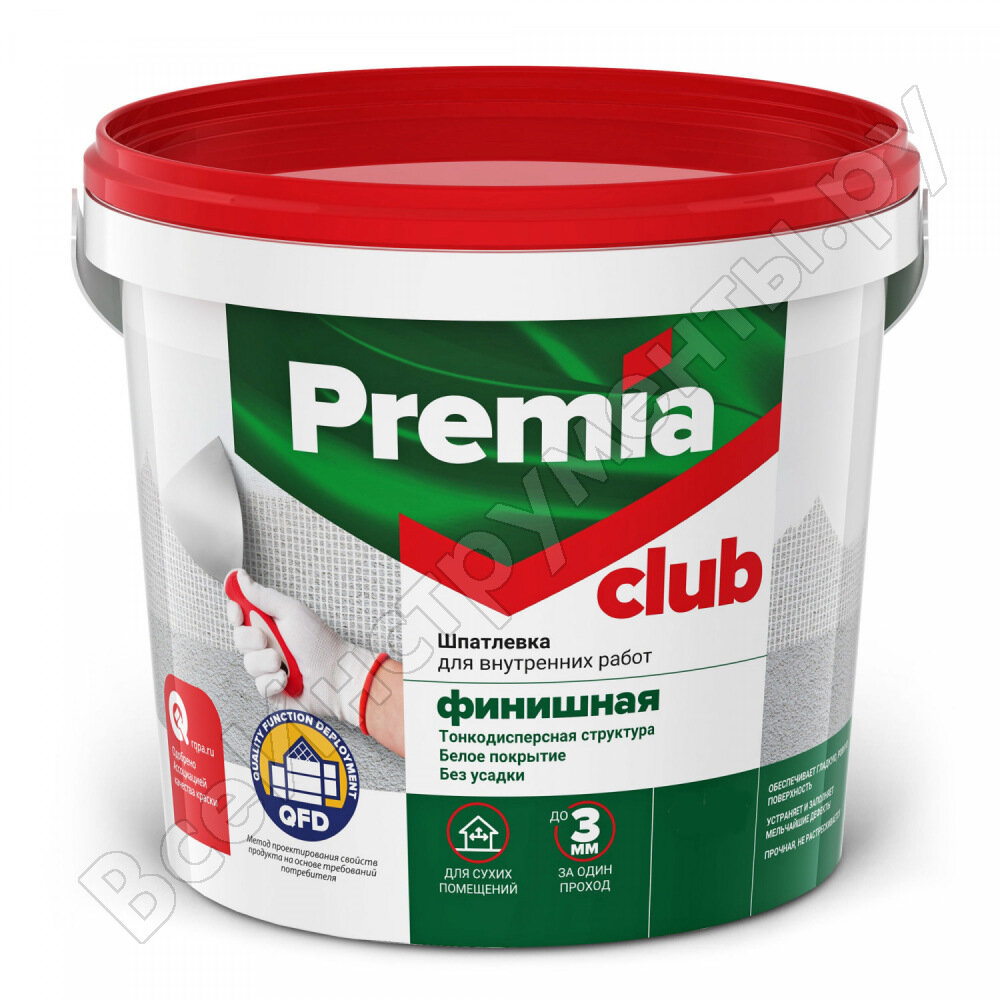 Финишная шпатлевка Premia Club для внутренних работ, полимерная основа, под покраску, подходит для стен, потолков и пола