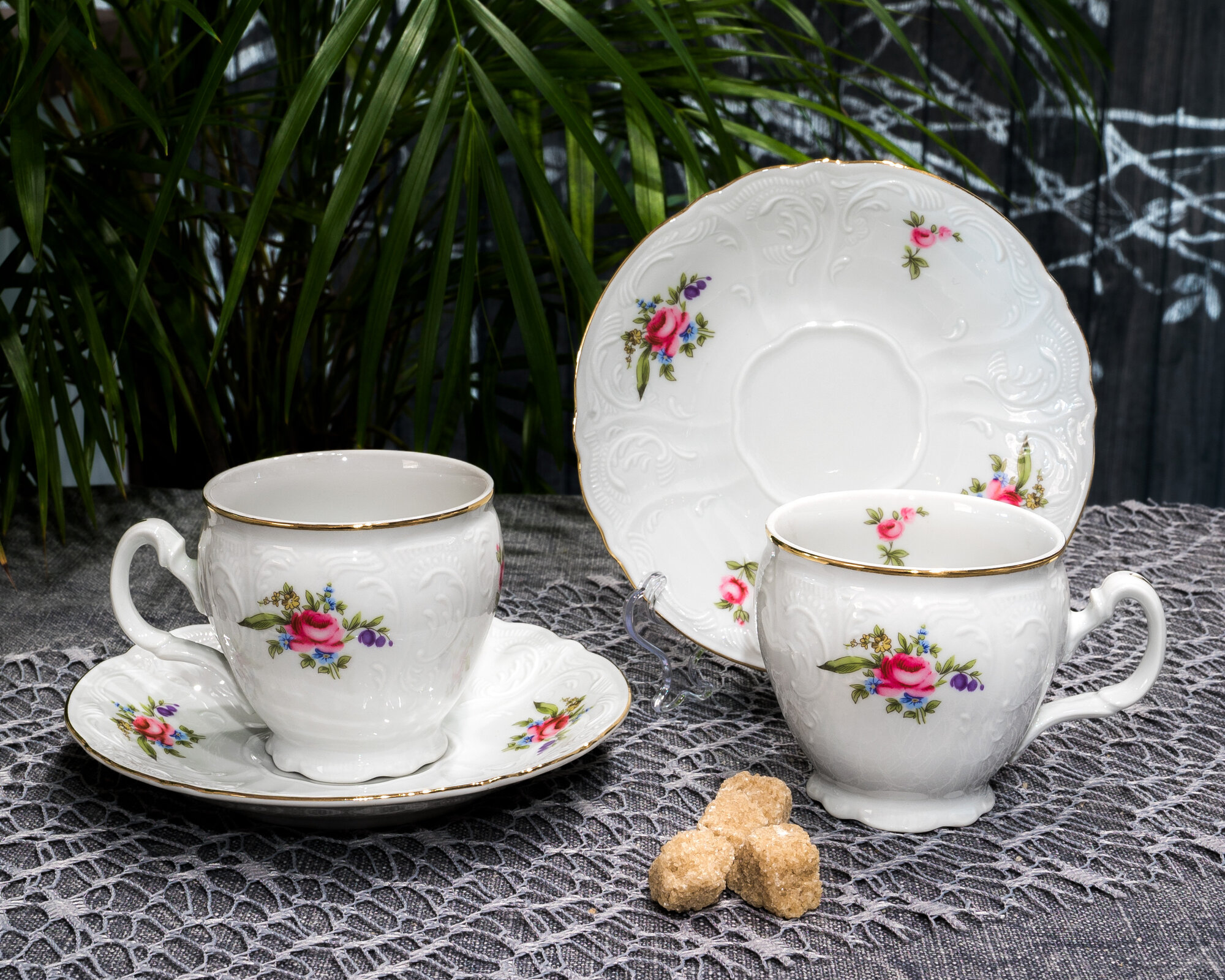 Чайный набор посуды на 2 персоны Bernadotte Мейсенский букет 240 мл, 4 предмета: 2 чашки и блюдца для чая и кофе, подарочный белый фарфор Бернадотт Чехия