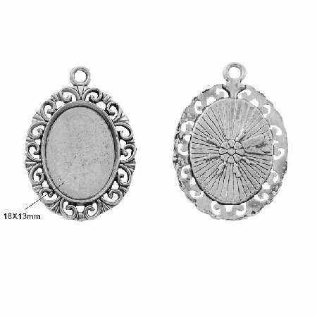 Рамка для кабошона, 30х26мм (внутренний размер 18х13мм), ажурная, базовый материал - цинковый сплав, стиль тибетское серебро, 1 шт.