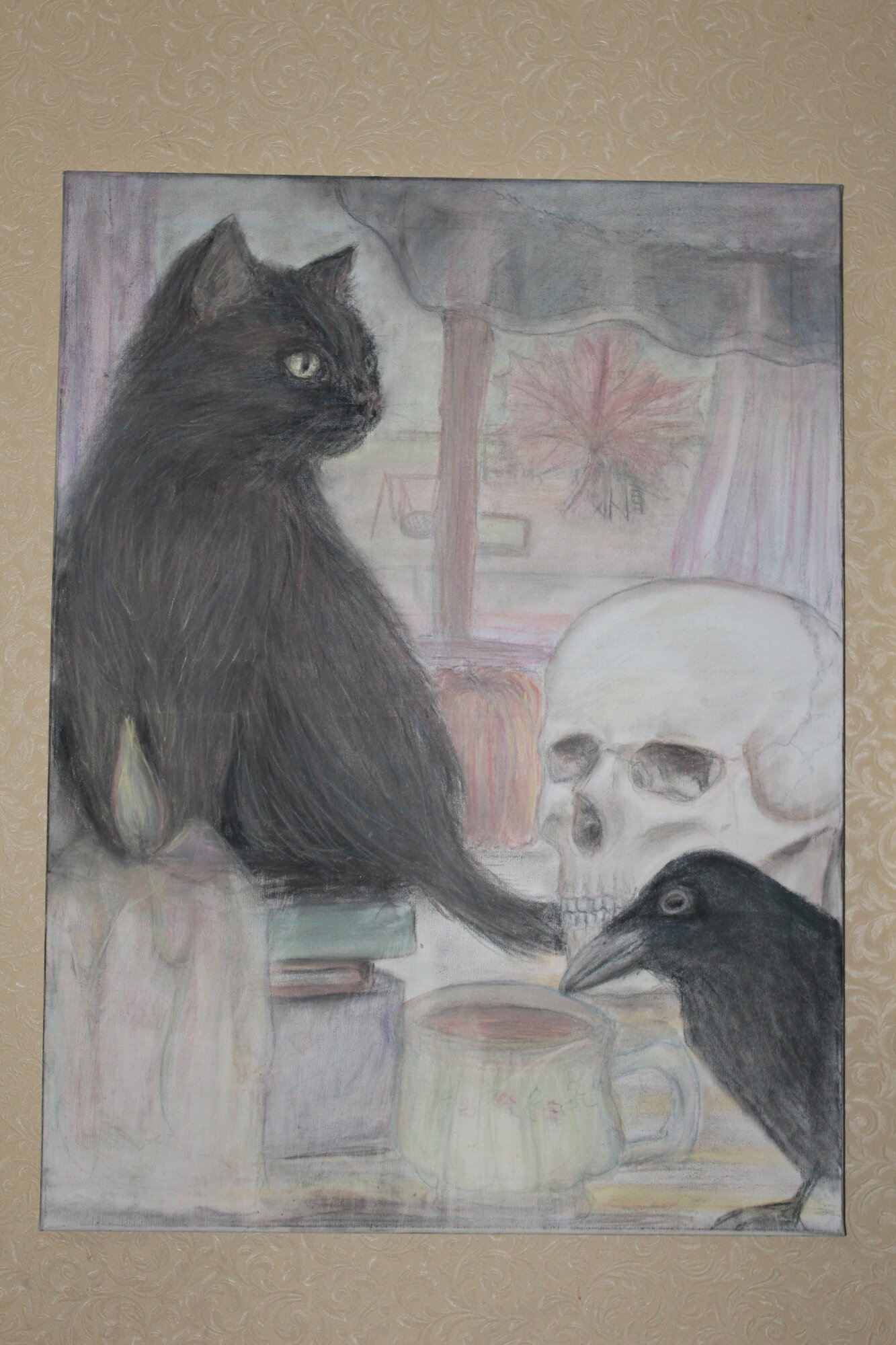 Кот, ворона и свеча на холсте