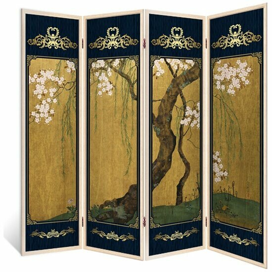 Ширма перегородка Декор Депо для комнаты деревянная "Мудрость Востока" двухсторонняя с картинкой (природа) 4 створки кремовый дуб 176х185 см 14 кг