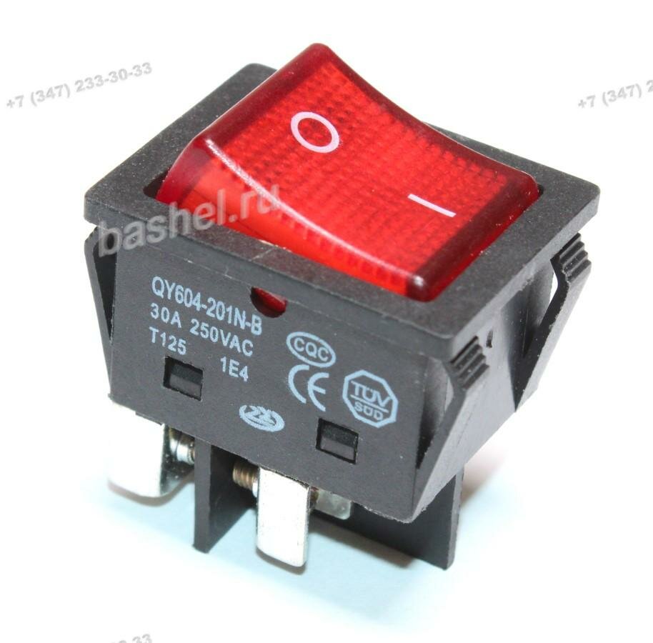 Выключатель KCD4-201N-BR/4P 30А, 4PIN ON-OFF, красный с подсветкой (контакты под винт)