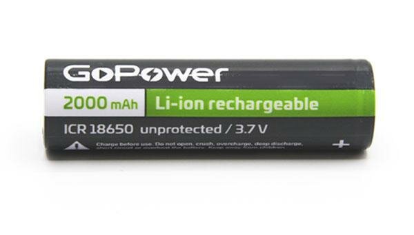 Аккумулятор GoPower 18650 ICR 3.7V Li-ion 2000mAh (б/защиты, плоский плюс) , 1шт.