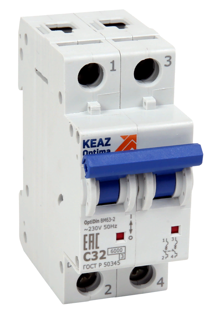 Автоматический выключатель КЭАЗ BM63-2C6-УХЛ3 OptiDin 2P 6А характеристика С 6кА с двумя заглушками, 260611 / электроавтомат