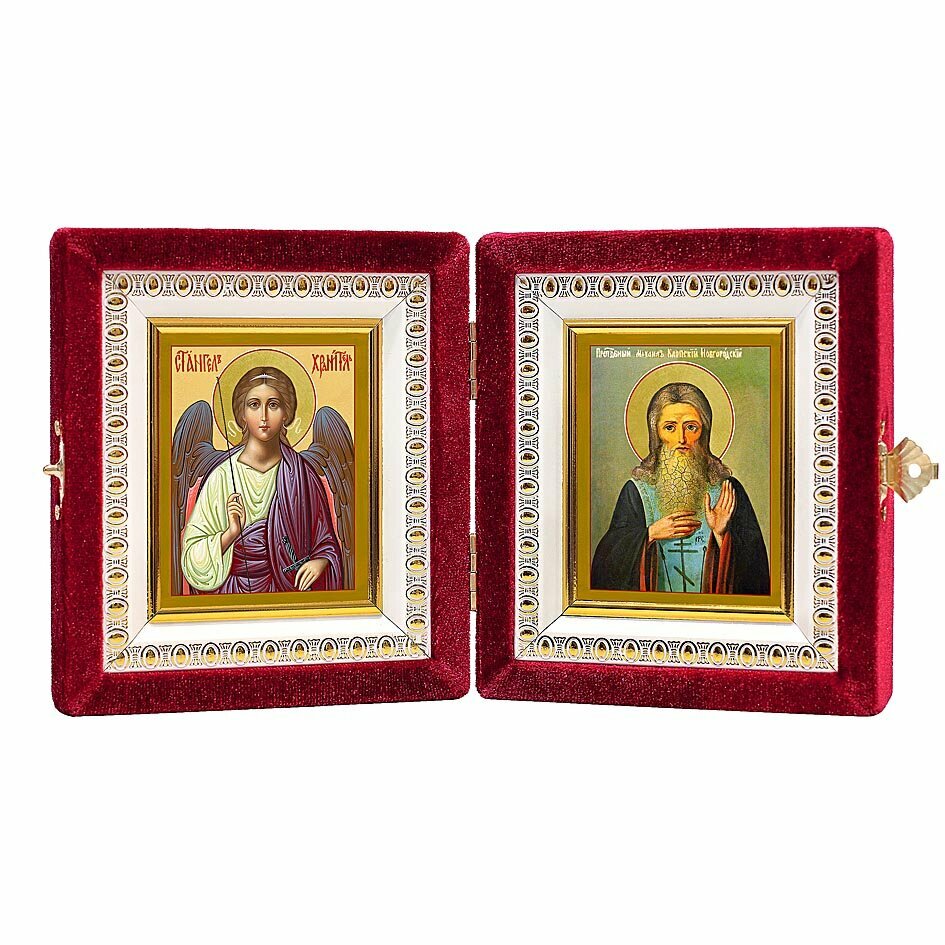 Складень именной "Преподобный Михаил Клопский, Новгородский - Ангел Хранитель", размер ликов 6*7,5 см