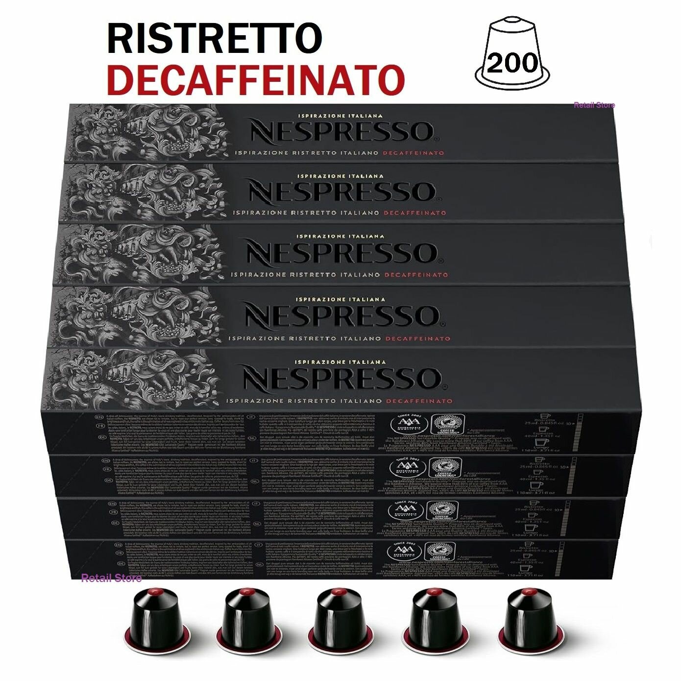 Набор кофе Nespresso Ristretto Decaffeinato, 20 упаковок (200 капсул)